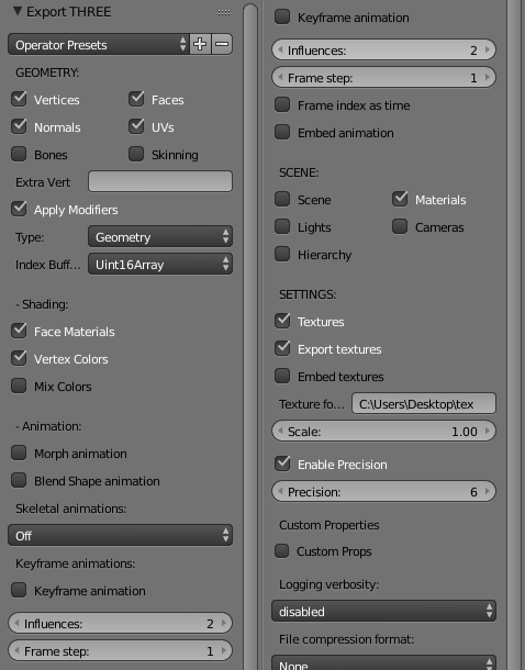 При экспорте модели из Blender в Three.js (json файл) с помощью аддона для Blender io_three, не ...